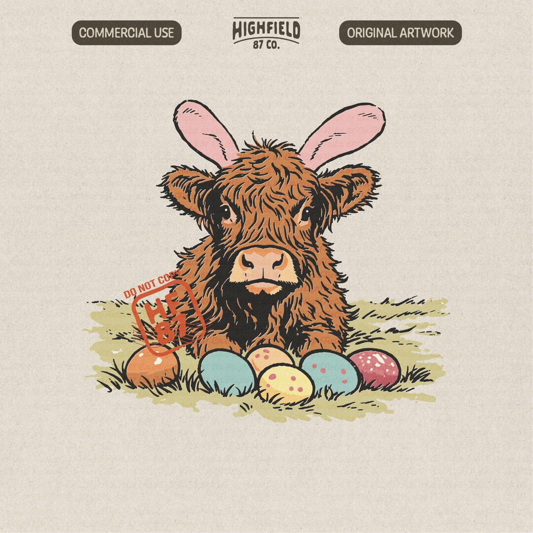Easter Highland Cow PNG – Bunny Ears, Eggs, Spring Farm Design (digital ...