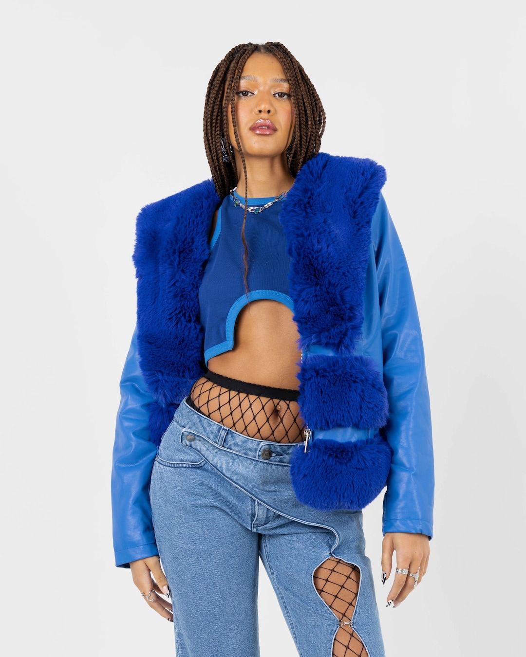 Fur Me up Y2K Slim Fit Faux Fur Collared Jacket in Blue - Etsy UK