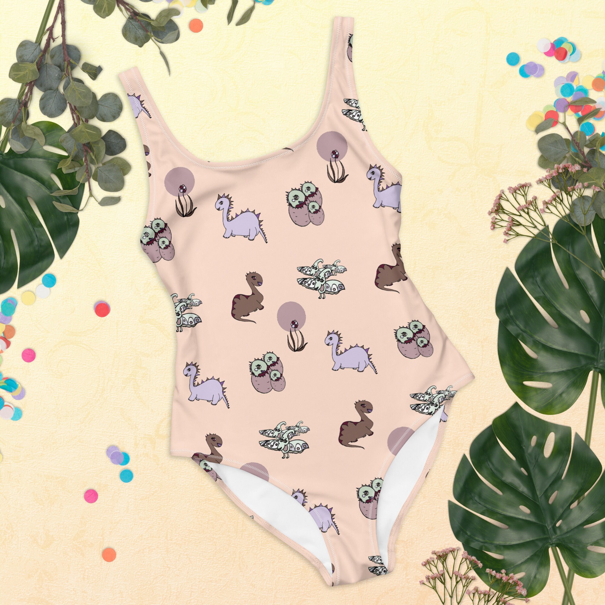 Kawaii One-piece Pink Dinosaurs Swimsuit pastel Decora Kei Swimsuit ...