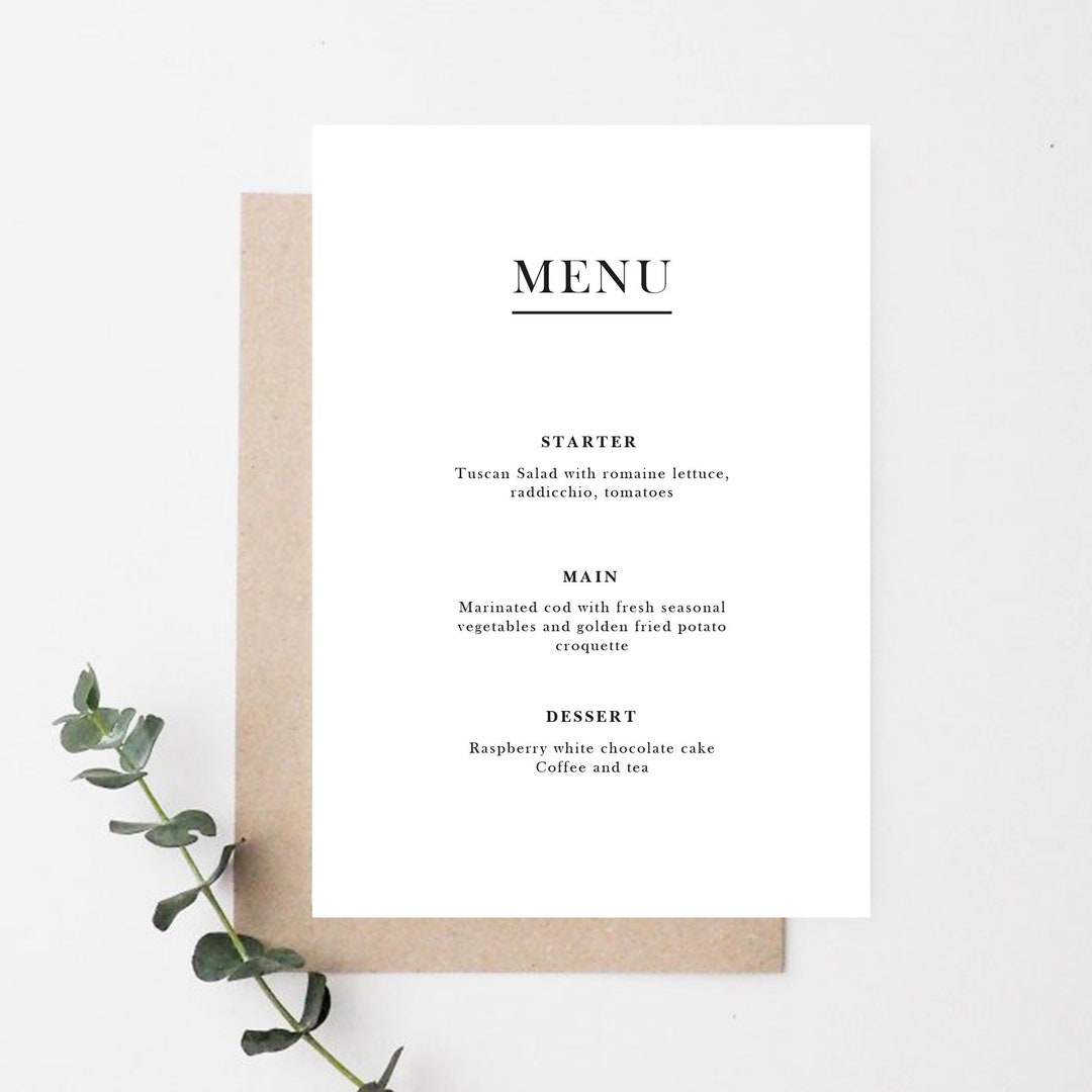 Menu Template, Minimal Menu Template, Personalised Wedding Menu ...