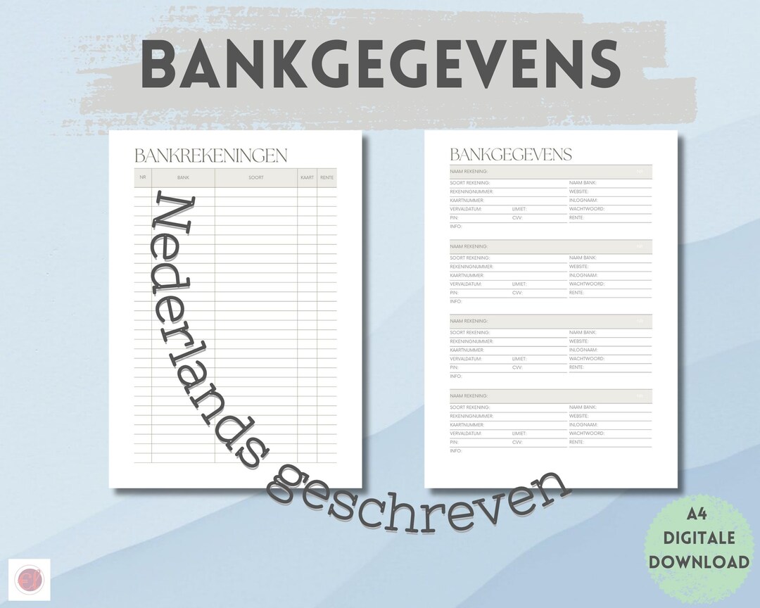 Bank Account Overview Printable Bank Account List Business Planner PDF ...