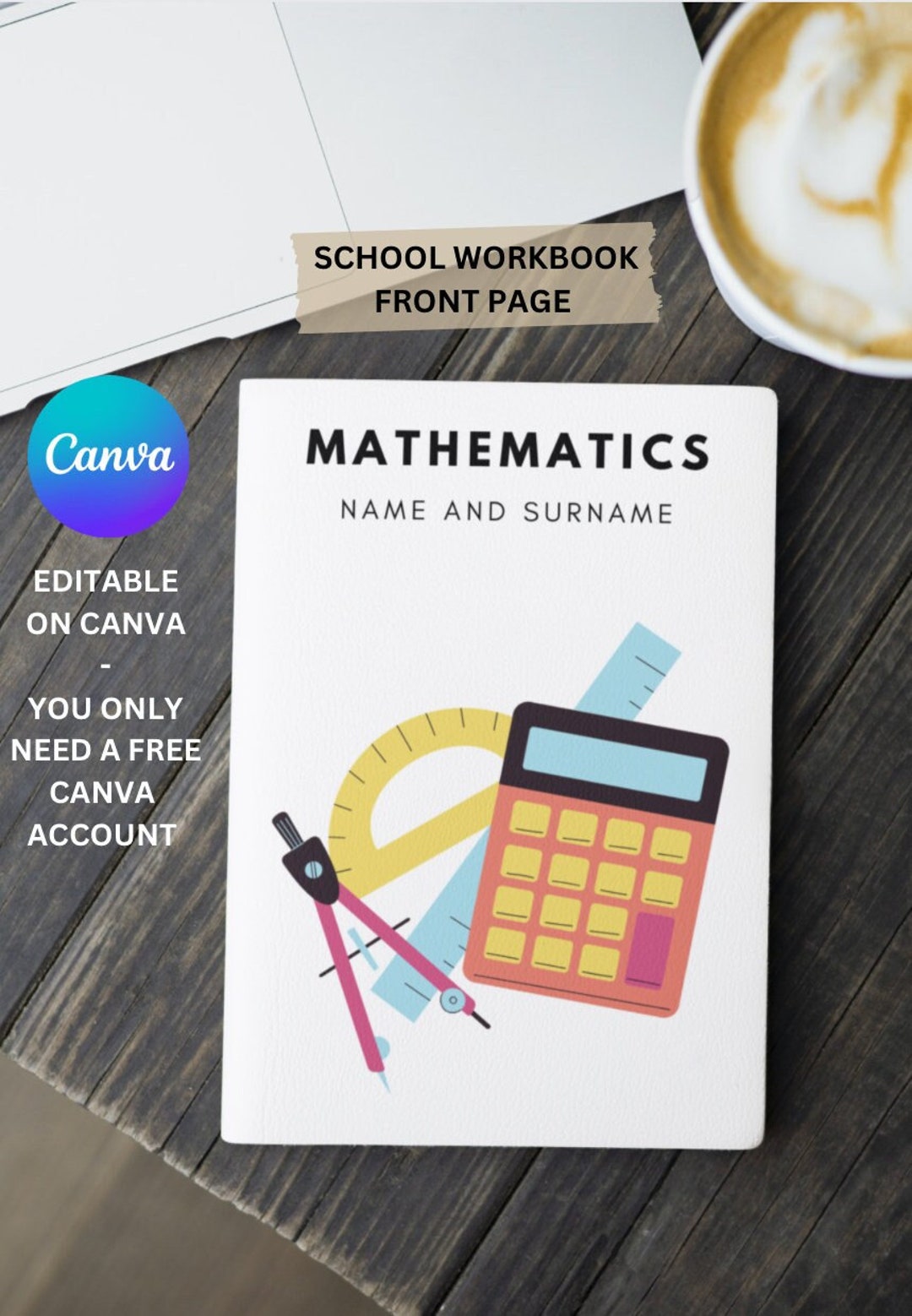 School Workbook Front Page / Book Cover / Editable Canva Template ...