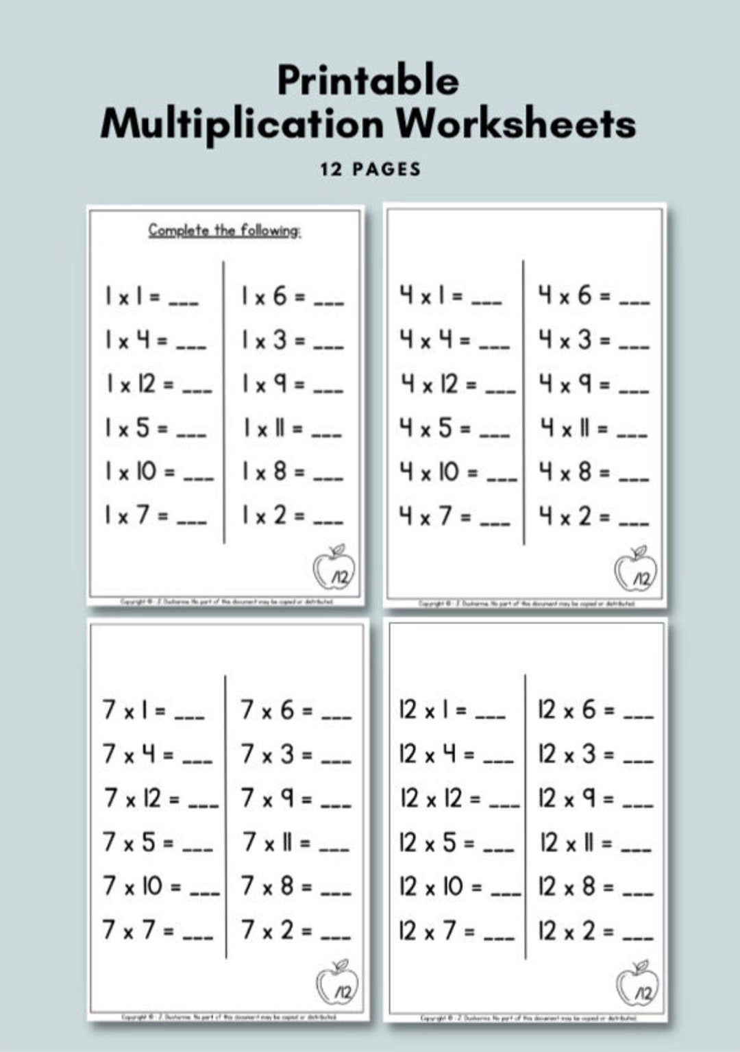 12 Pages Multiplication Worksheets / Mathematics, Maths / Elementary ...
