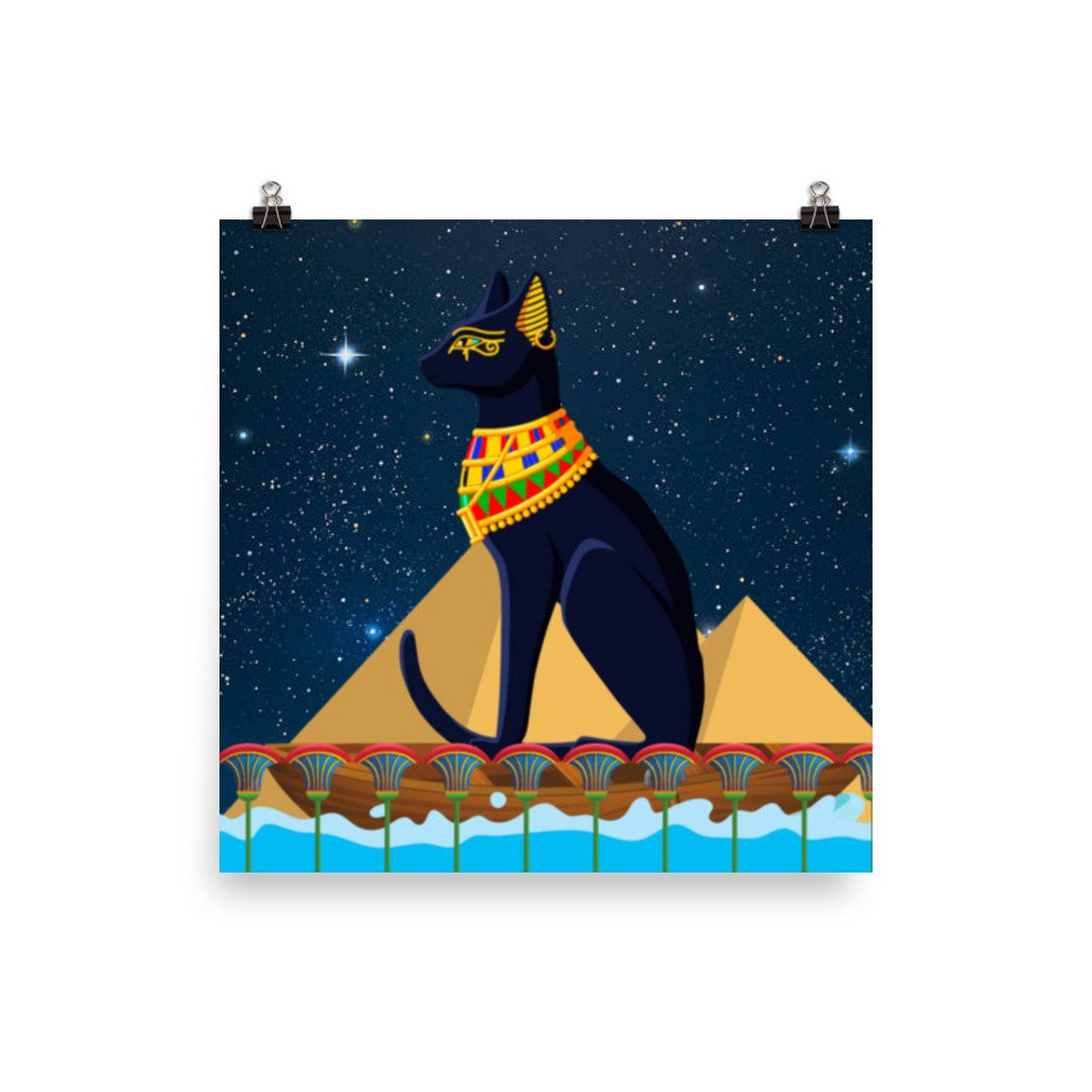 Ancient Egypt Bastet Poster, Pyramids, Blue Lotus Flowers - Etsy