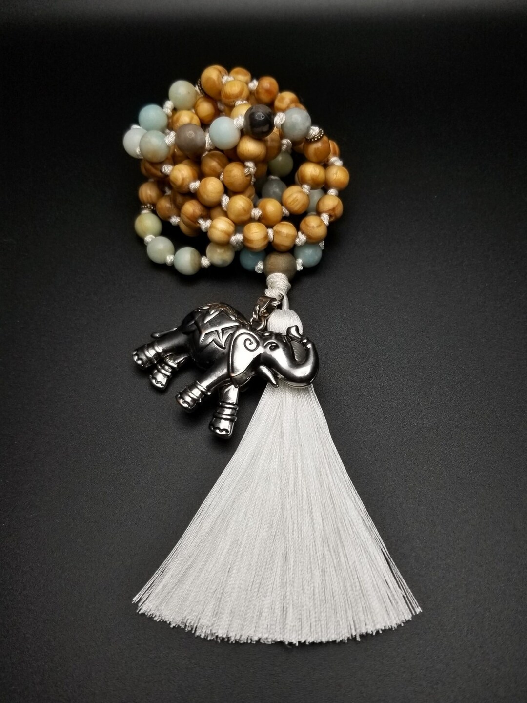 108 Bead Elephant Mala With Amazonite and Zebra Wood Beads Hand Knotted ...