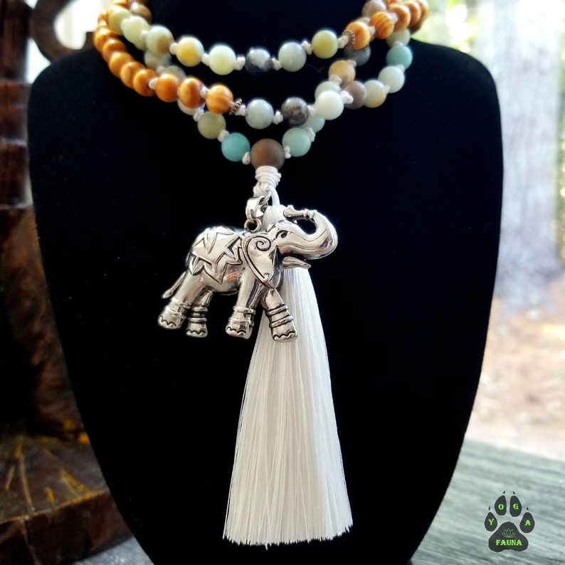 108 Bead Elephant Mala With Amazonite and Zebra Wood Beads Hand Knotted ...