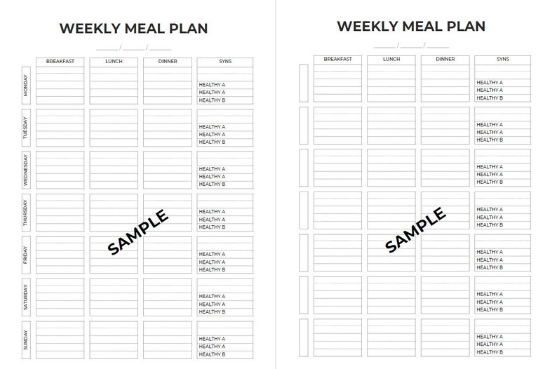 Slimming World Friendly Printable Meal Planner Count Syns Weekly ...