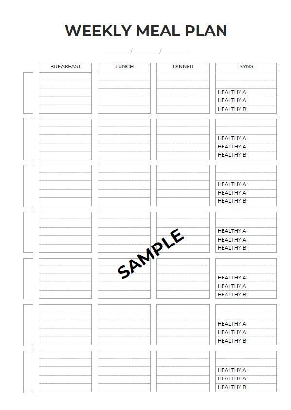Slimming World Friendly Printable Meal Planner Count Syns Weekly ...
