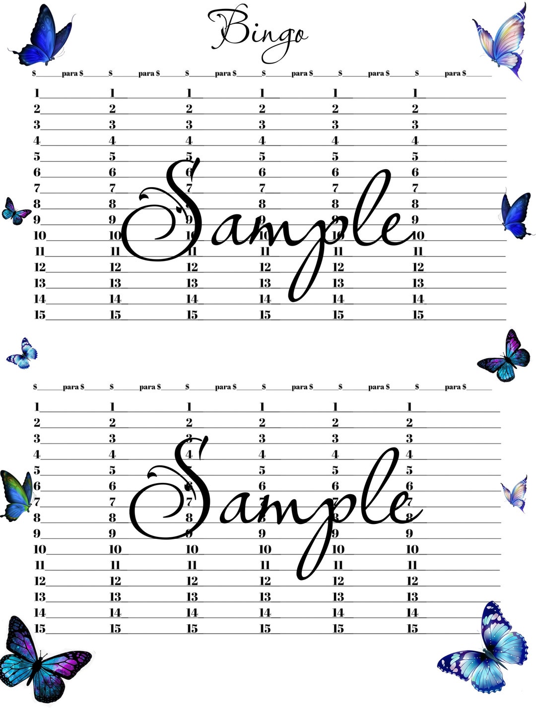 Bingo Page Printable Blue Butterflies - Etsy