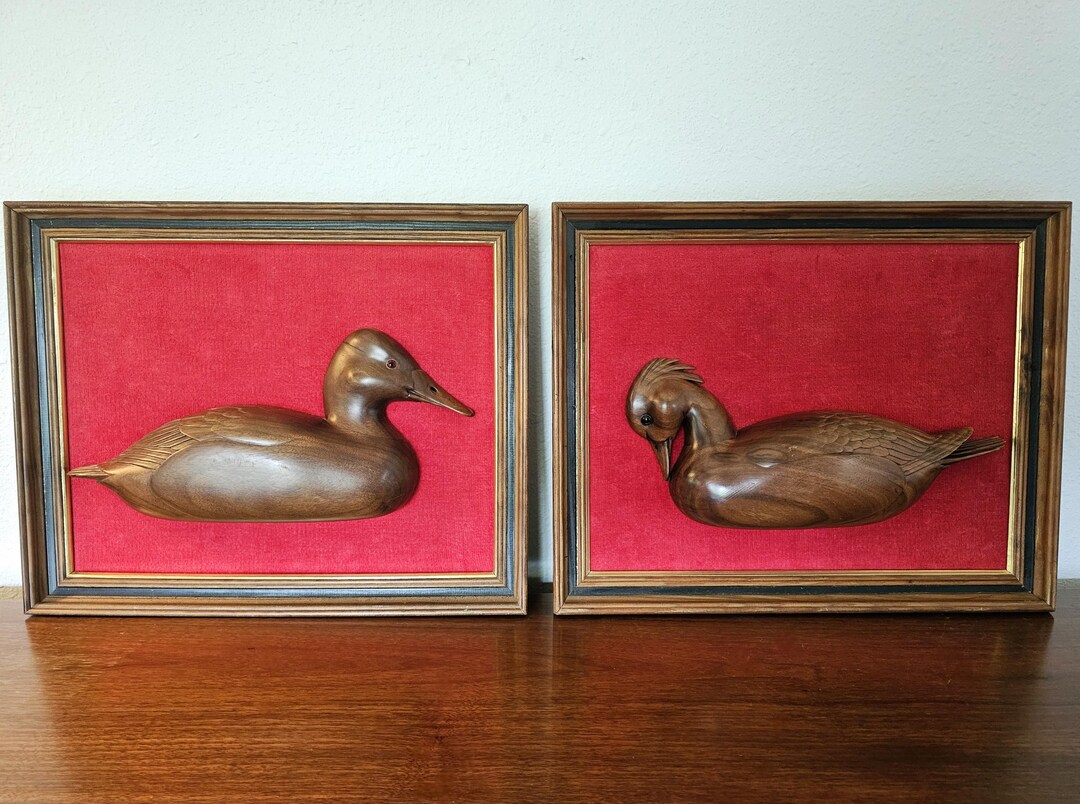 Pair of Hand Carved Duck Decoys Mounted and Framed Wall Art With ...