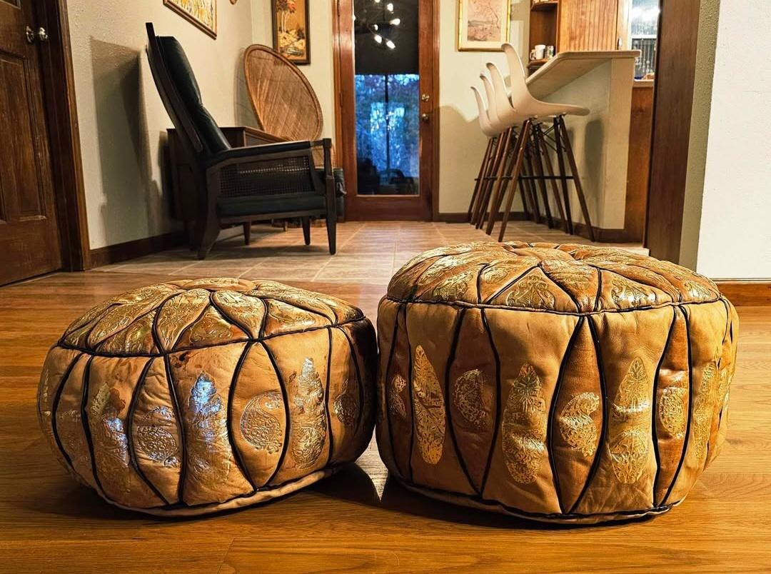 2 Vintage Egyptian Leather Pouf Ottomans New Old Stock Mid Century MCM ...
