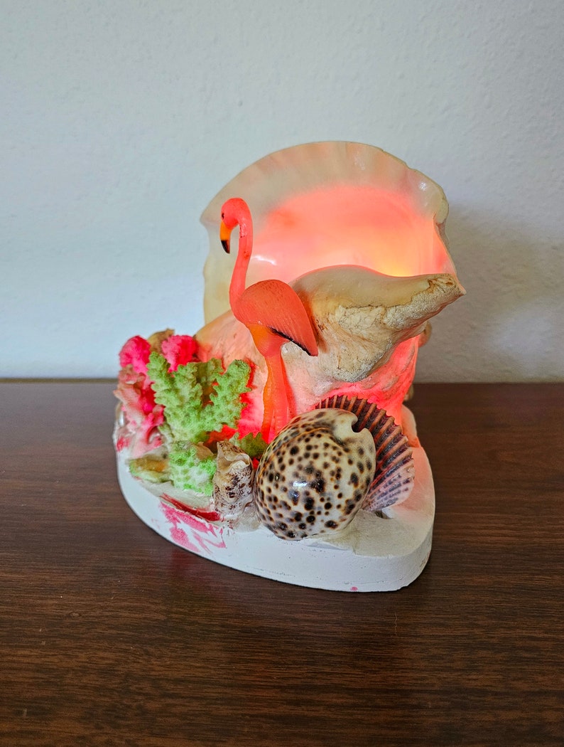 Vintage Kitsch Flamingo Seashell Handmade Table Lamp Light Nightlight ...