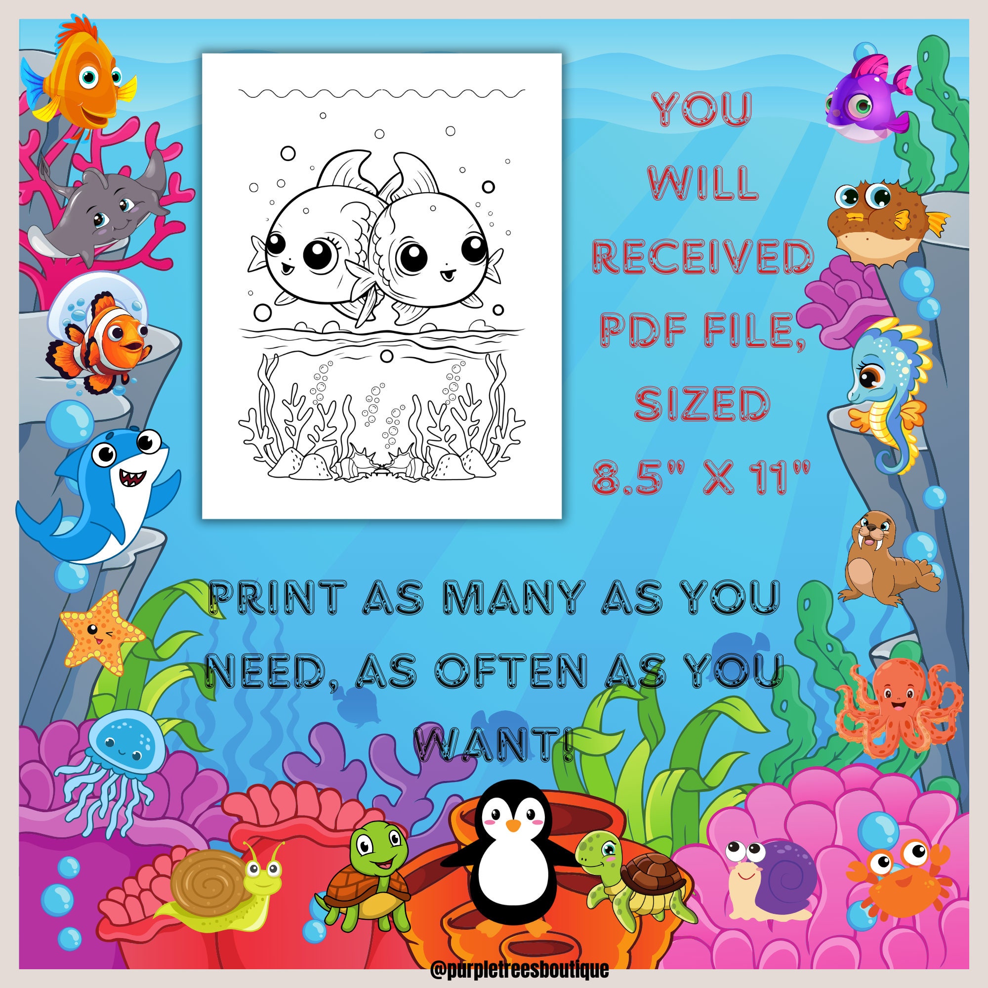 Sea Creature Printable Cute Activity Book, Downloadable Coloring Sheet ...