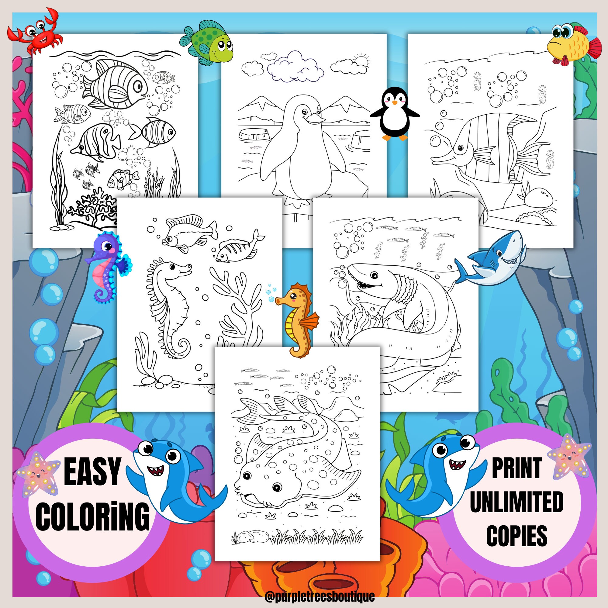 Sea Creature Printable Cute Activity Book, Downloadable Coloring Sheet ...