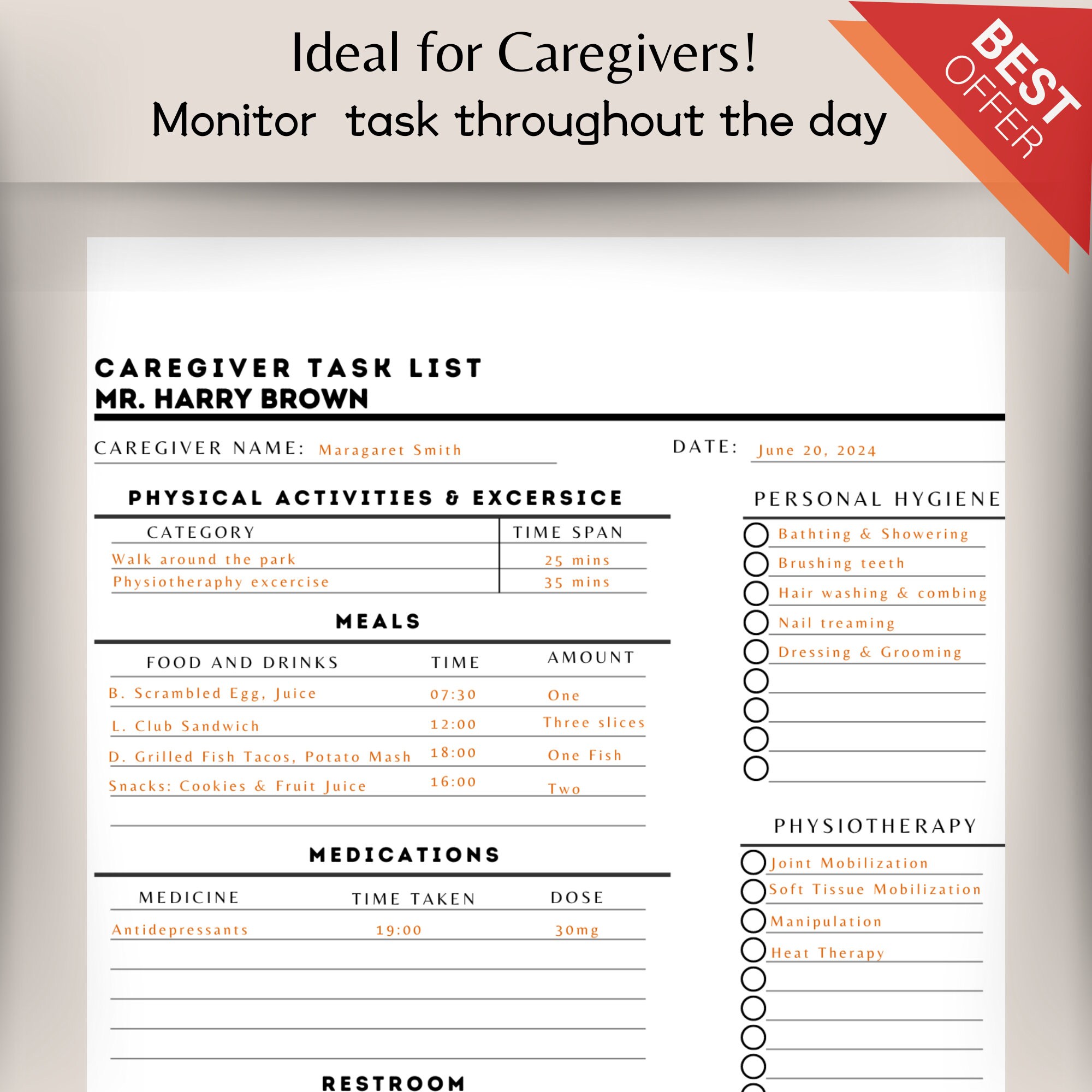 Caregiver Task List and Log Book, Caregiver Daily Log Checklist, Elder ...