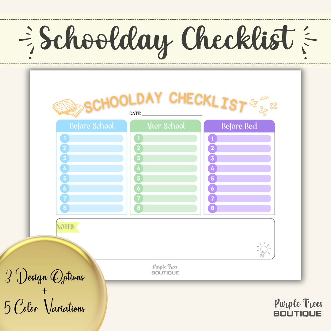 School Day Checklist, Printable Kids Daily Checklist, Before School ...
