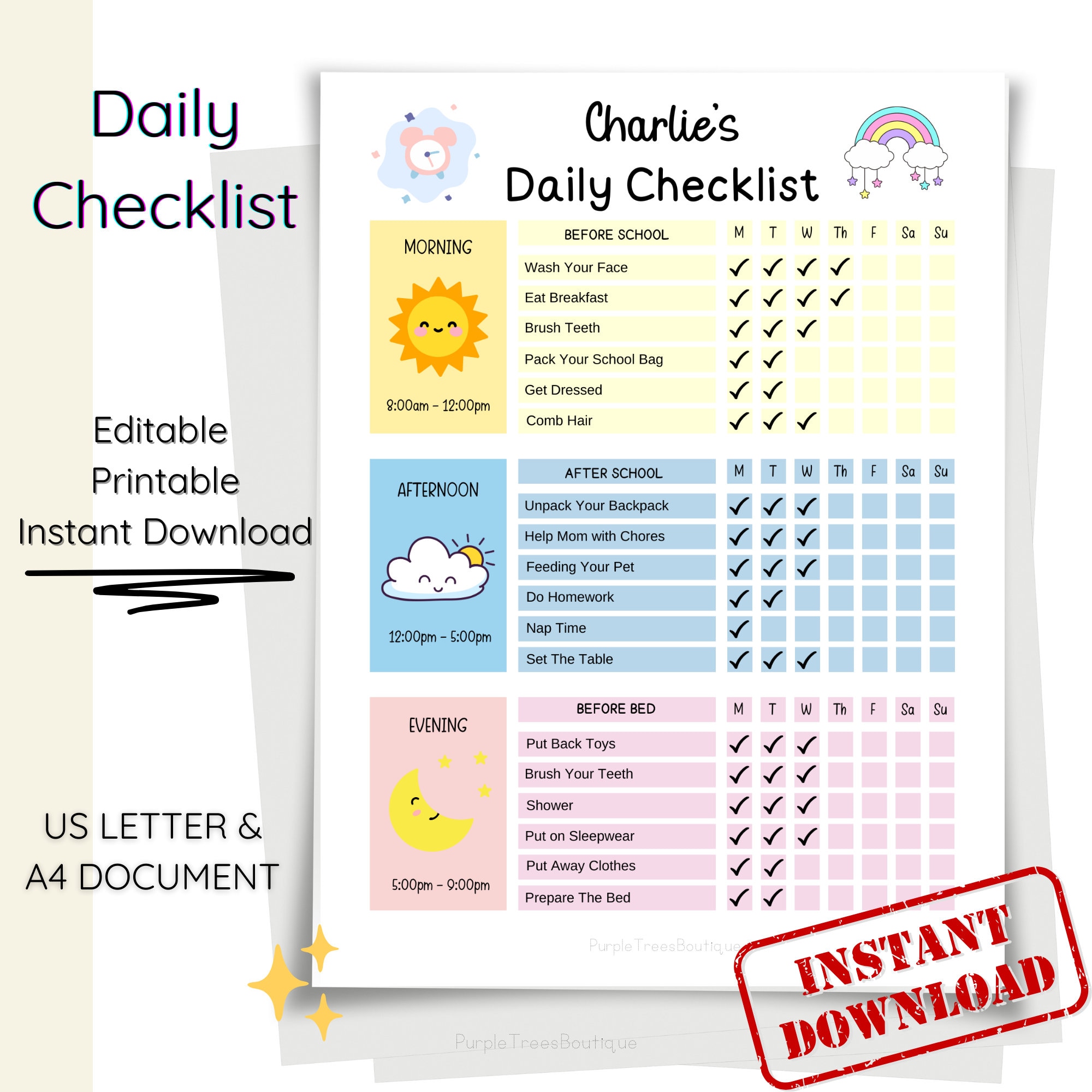 Editable Routine Chart, Kids Daily School Checklist, Printable Daily ...