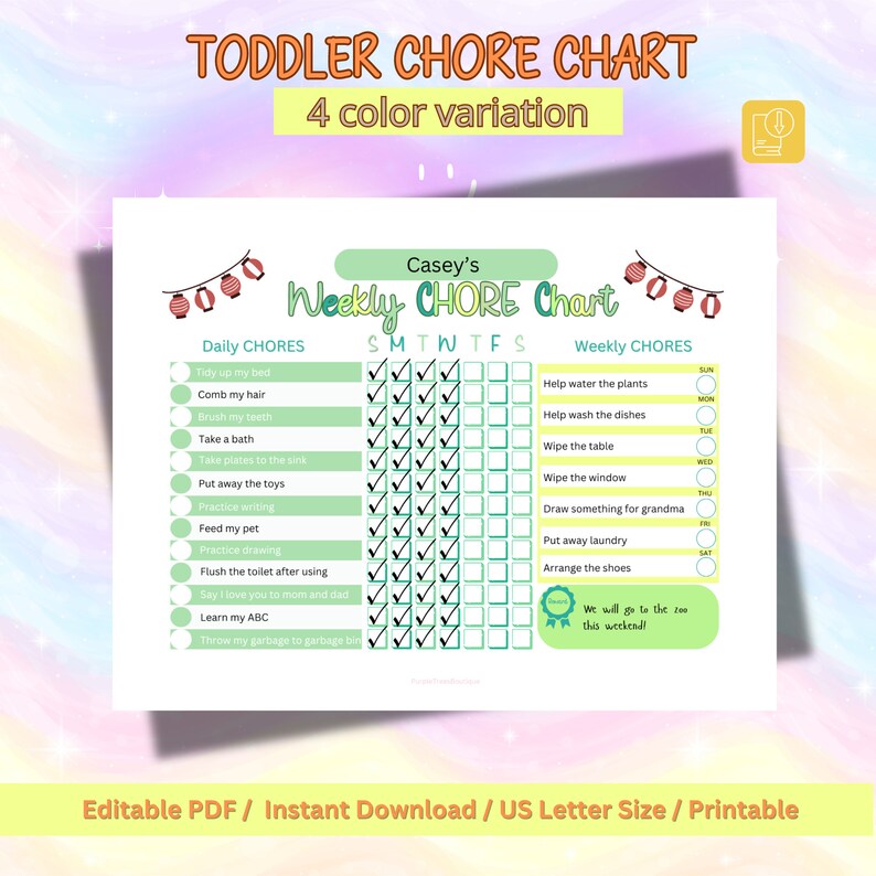Toddler Chore Chart, Weekly Chore Chart for Kids, Editable Chore Chart ...