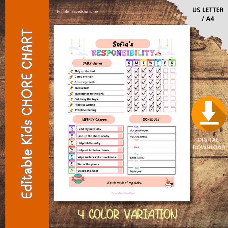 Editable Kids Chore Chart, Responsibility Chart for Kids, Daily and ...