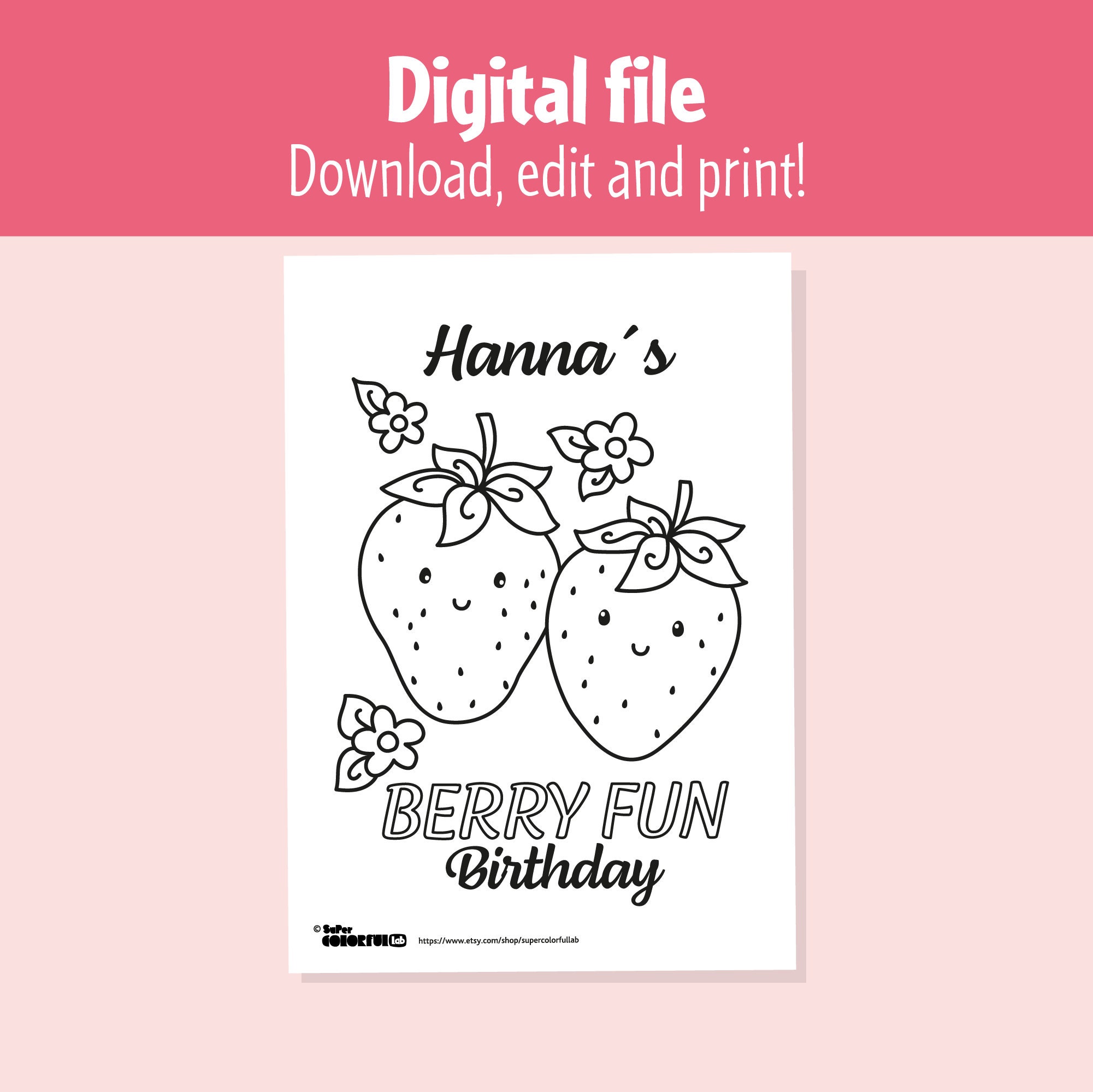 Berry Fun Birthday Activity, Strawberry Party Coloring Page, Summer ...