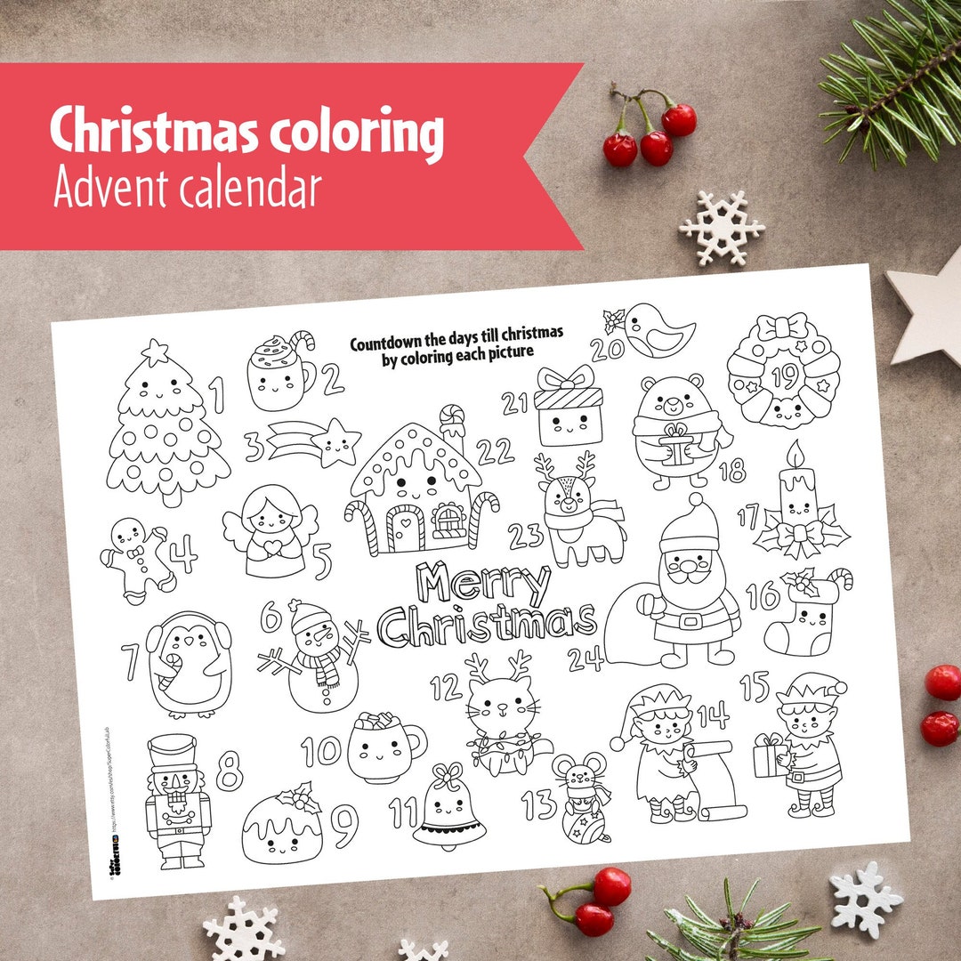 Printable Coloring Christmas Cute Advent Calendar, Holiday Coloring ...