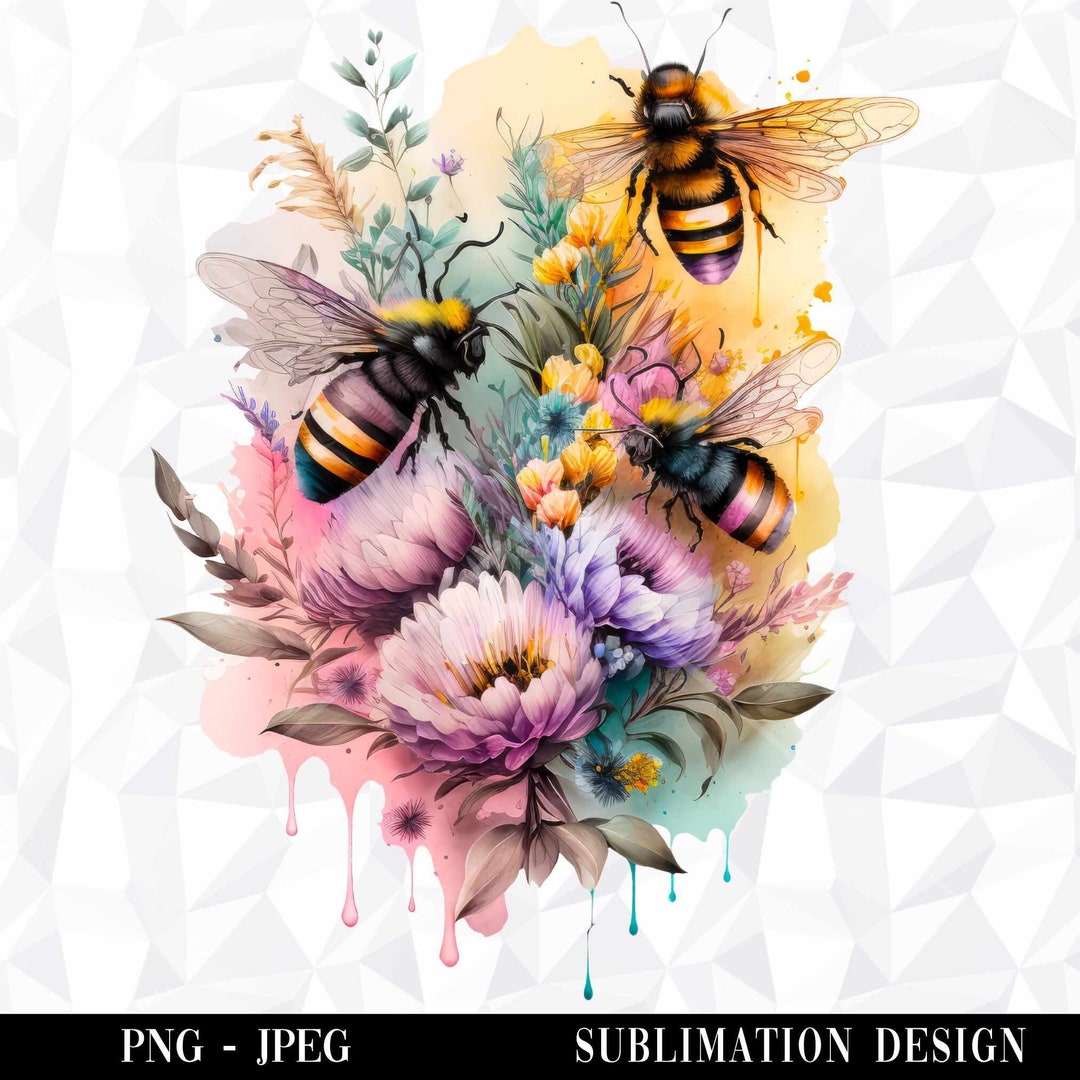Watercolor Flowers and Bees Sublimation Design, Flowers PNG, Bees ...