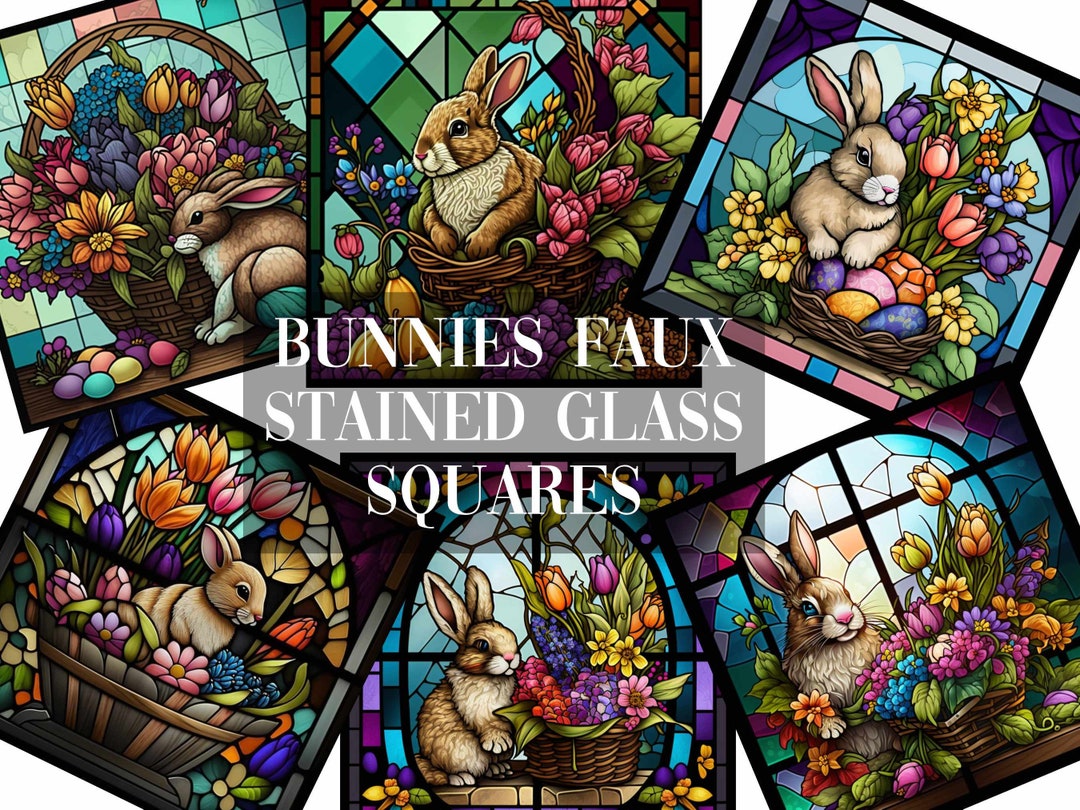 6 Faux Stained Glass Bunny Digital Graphic Illustration, Bunny PNG ...