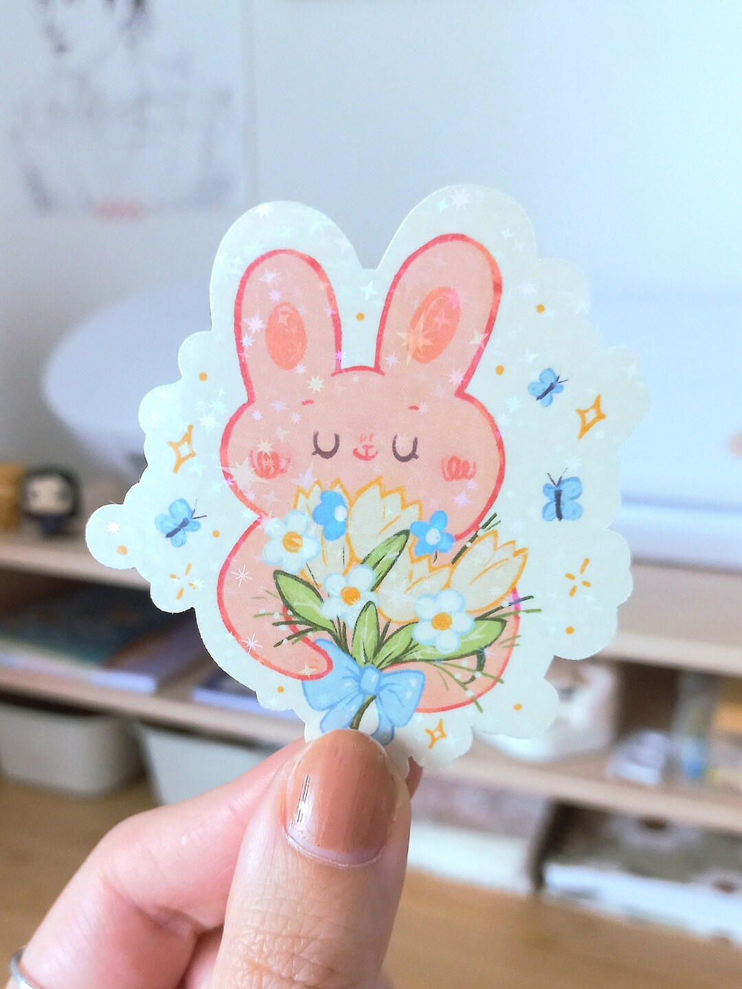 Cute Glitter Sticker With Bunny and Bouquet of Flowers // Sticker for ...