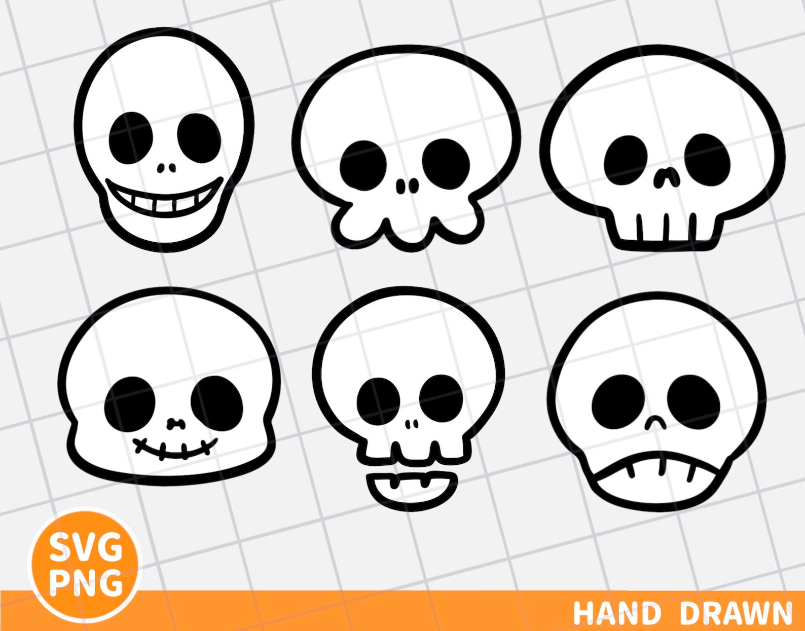 Cute Skulls Digital Clip Art, Skull Svg, Skull Png, Kawaii Skull, Skull ...