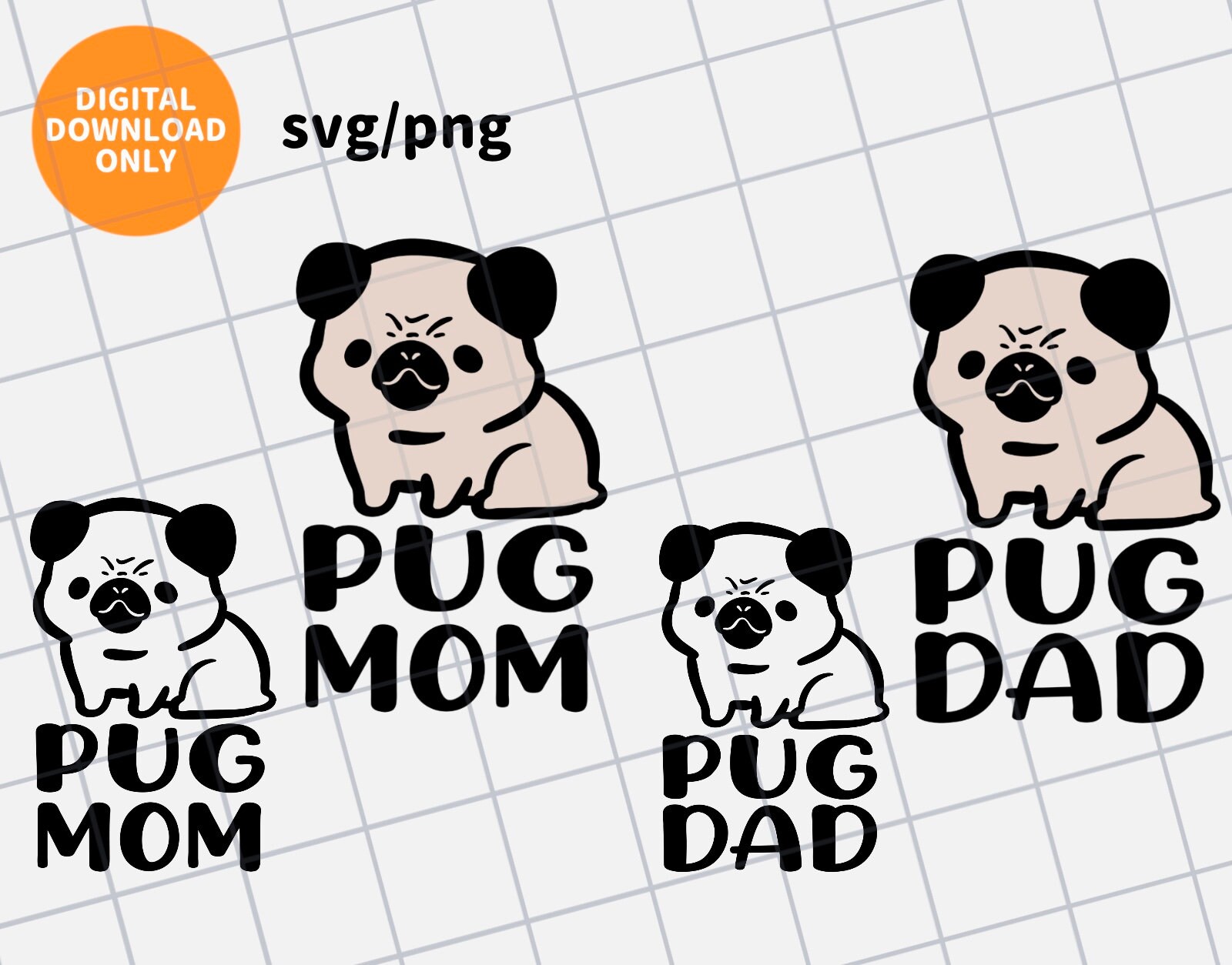 Pug Mom Pug Dad Digital Clipart, Instant Download Svg Png, Gift for ...