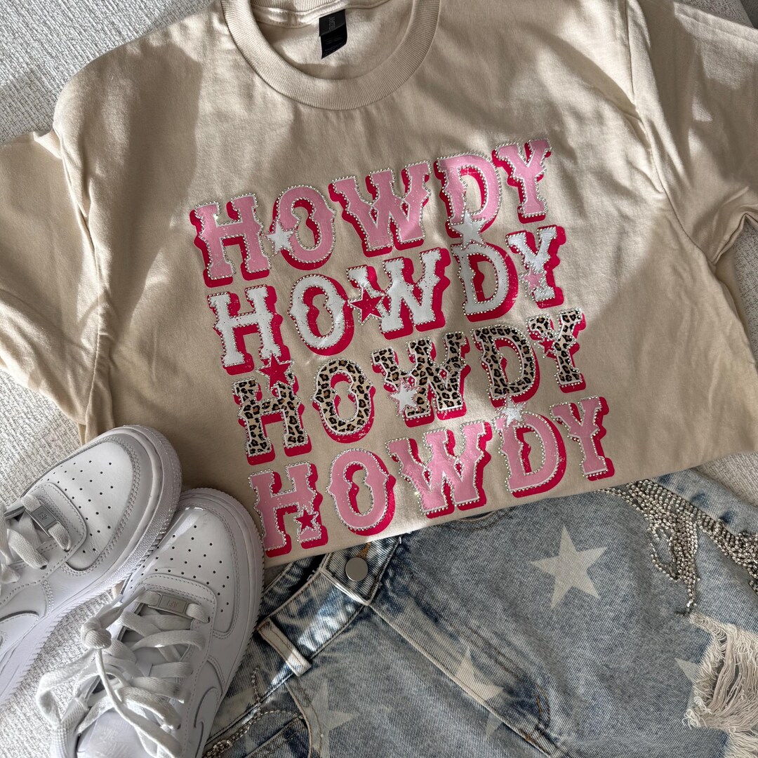 Howdy Howdy Pink Cheetah Animal Custom Western Rhinestone Crew Tee ...