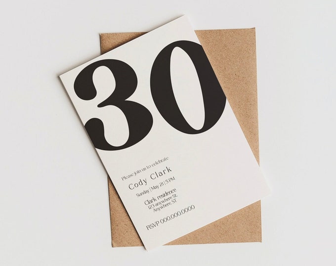 30th Birthday Invitation Modern Birthday Invitation Template Black and ...
