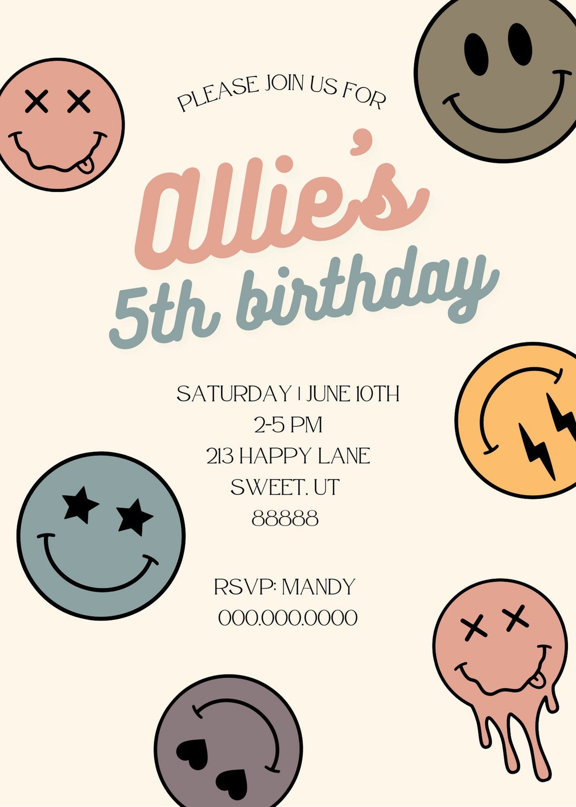 Smiley Face Birthday Invitation, Printable DIY Instant Download ...