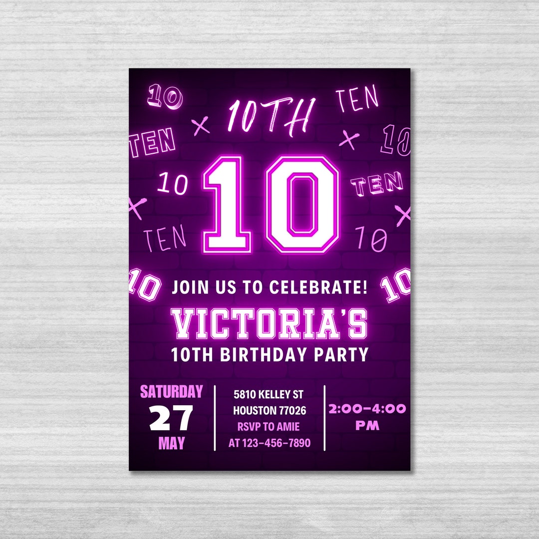 Neon 10th Birthday Invitation Template, 10th Neon Invitation, Girl ...