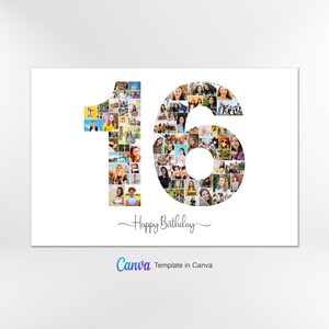 16th Birthday Photo Collage Template, Number 16 Collage, 16th Collage ...