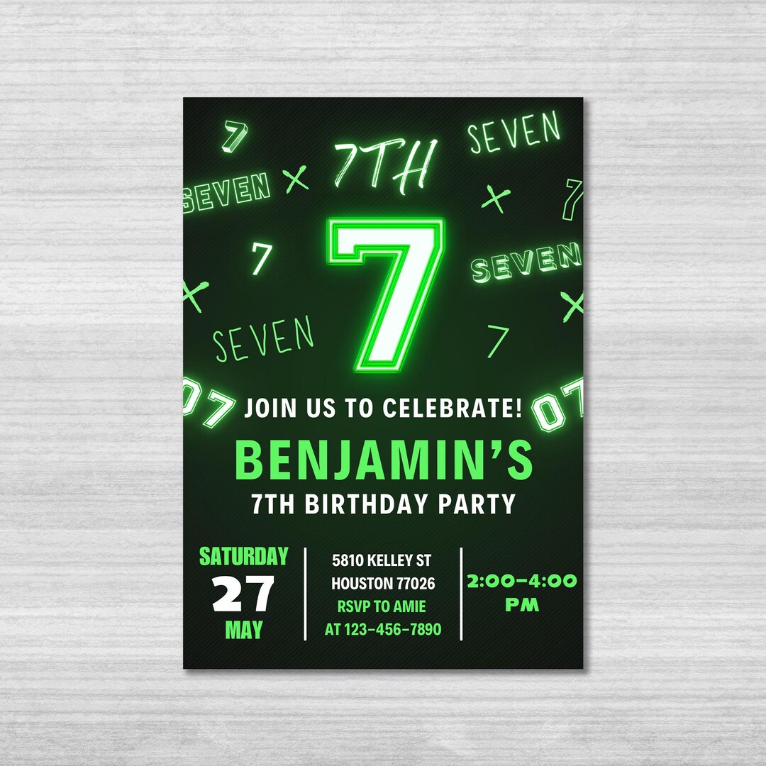 Neon 7th Birthday Invitation Template, 7th Neon Invitation, Boy Invite ...