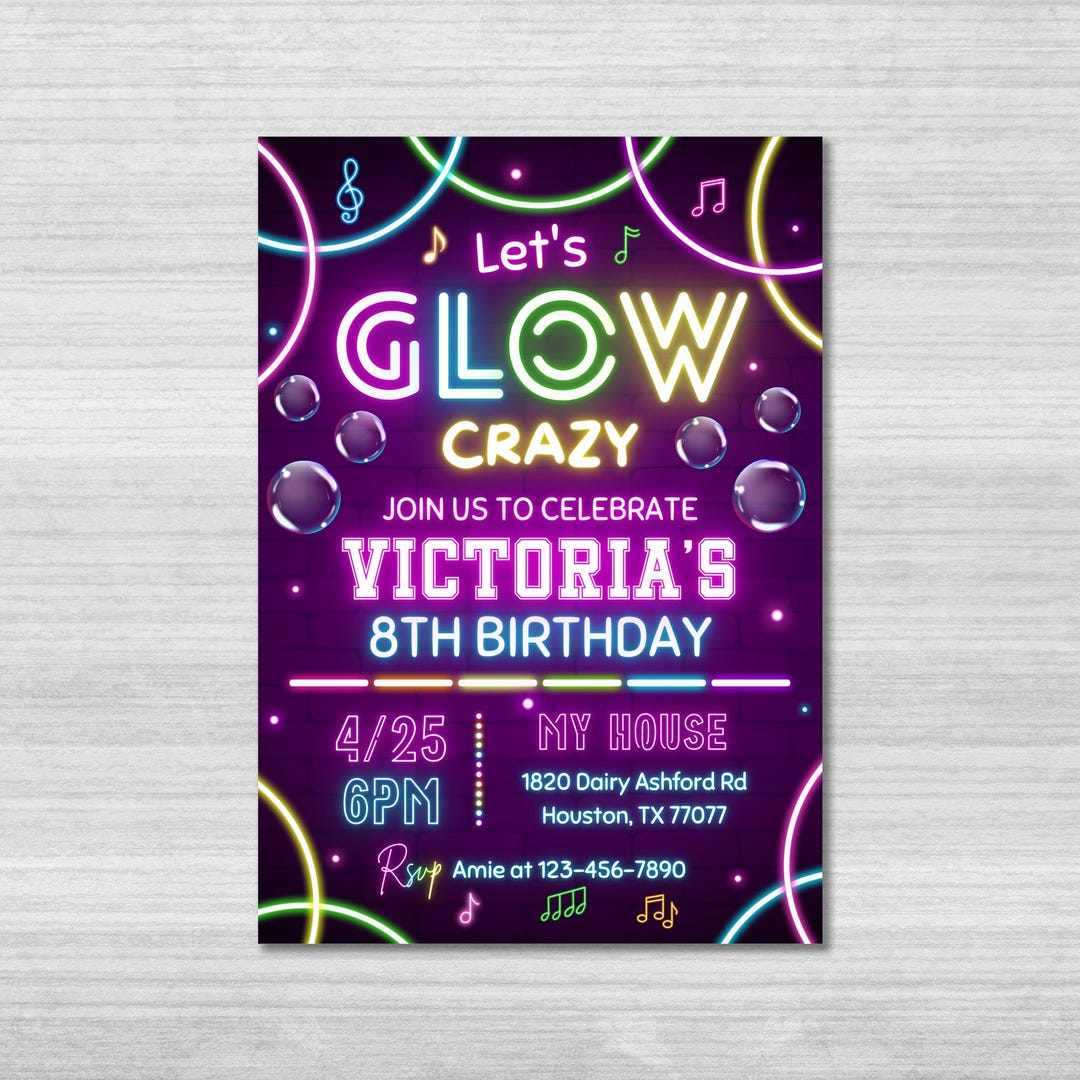 Glow Party Birthday Invitation, Glow Invitation, Girl, Boy, Neon Party ...
