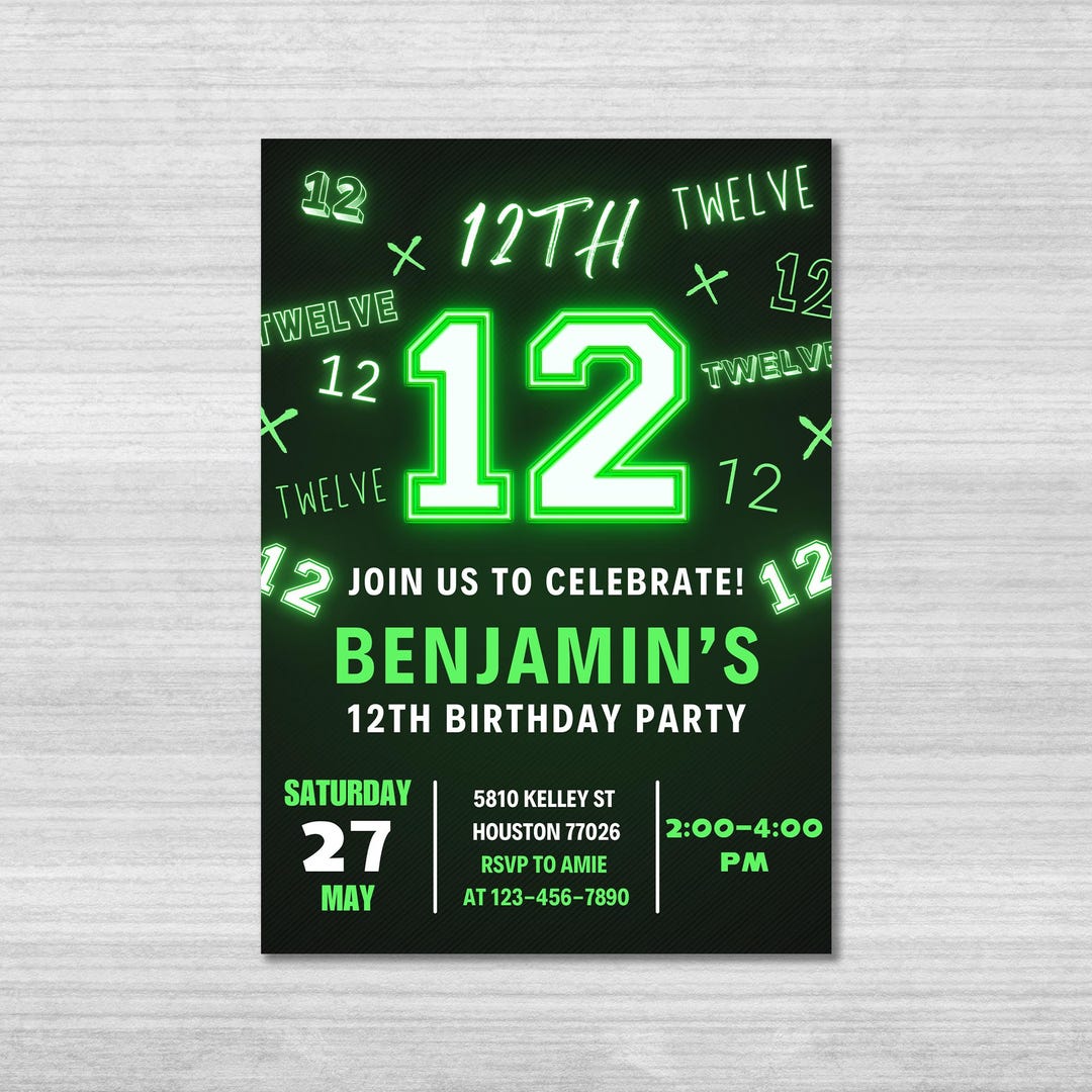 Neon 12th Birthday Invitation Template, 12th Neon Invitation, Boy ...