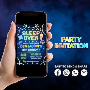Sleepover Birthday Invitation Template, Neon Sleepover Invite, Slumber ...