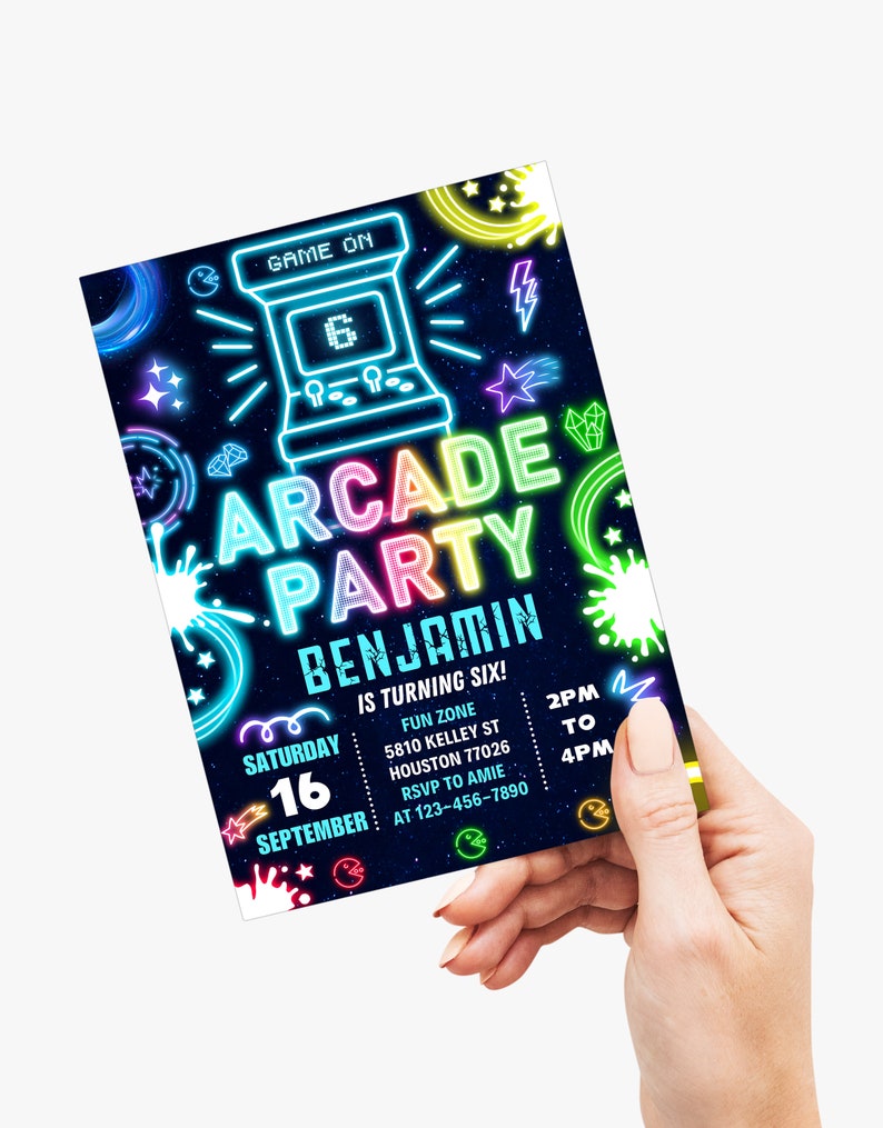 Arcade Birthday Invitation Template, Arcade Invitation, Neon Glow ...