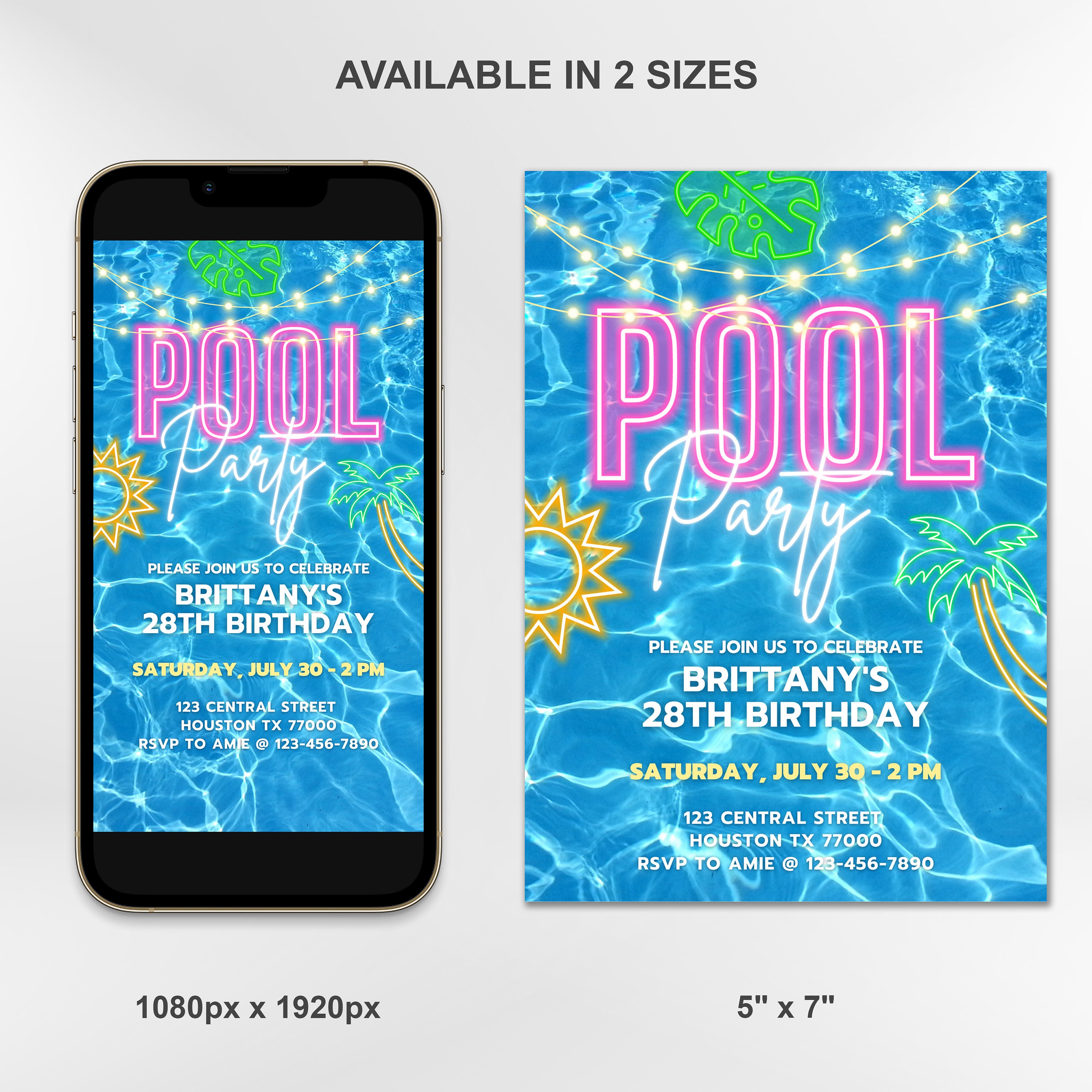 Pool Party Invitation, Text Invitation, iPhone Invitation, Neon Evite ...