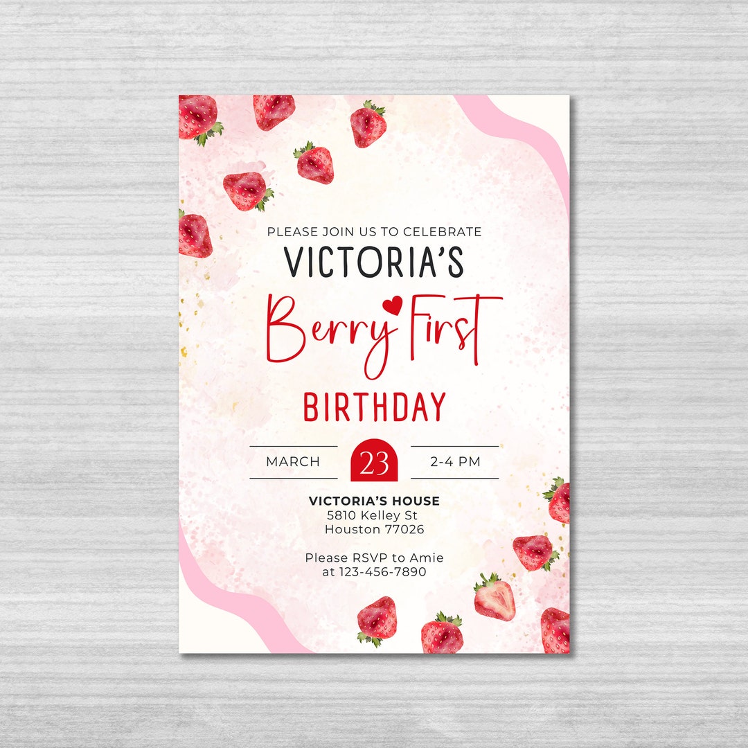 Berry First Birthday Invitation Template, Strawberry First Invitation ...