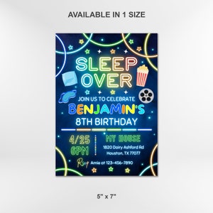 Sleepover Birthday Invitation Template, Neon Sleepover Invite, Slumber ...