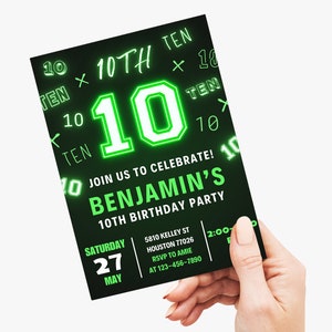 Neon 10th Birthday Invitation Template, 10th Neon Invitation, Boy ...