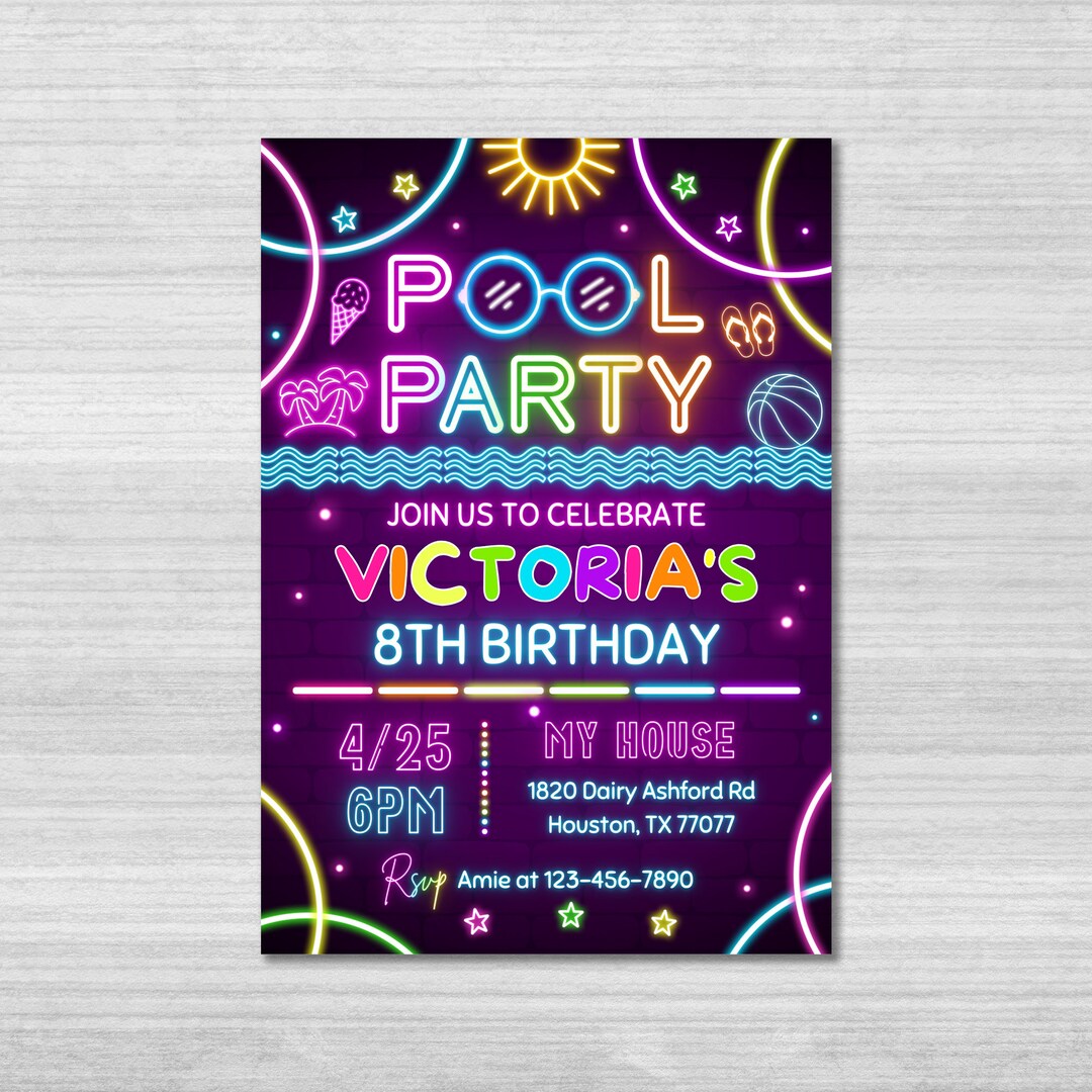 Pool Party Invitation, Text Invitation, iPhone Invitation, Neon Evite ...