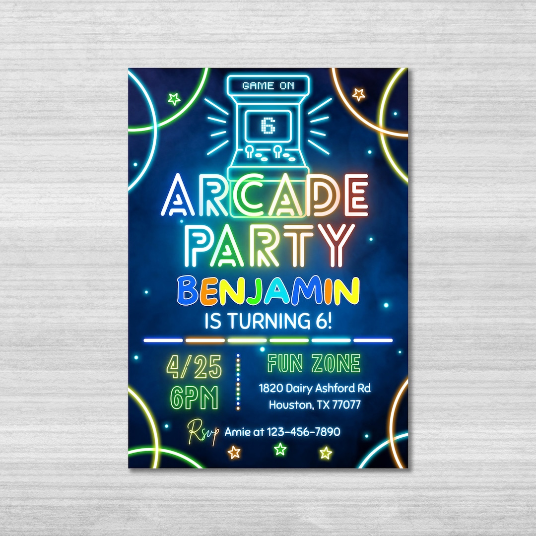 Arcade Birthday Invitation Template, Arcade Invitation, Neon Glow ...