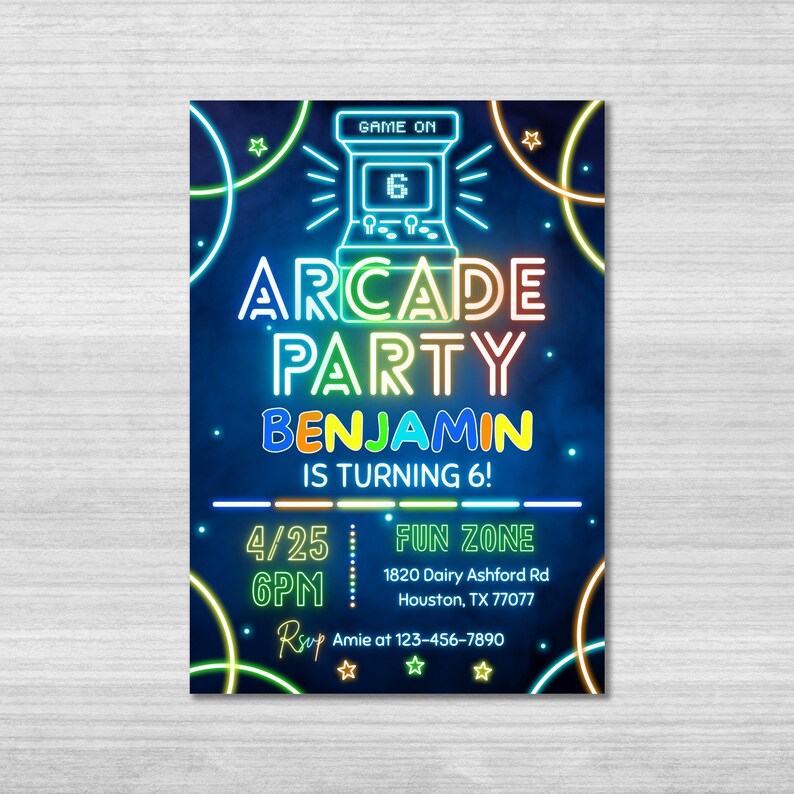 Arcade Birthday Invitation Template, Arcade Invitation, Neon Glow ...