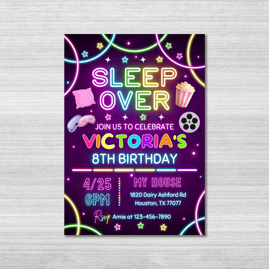 Sleepover Birthday Invitation Template Neon Sleepover Invite Slumber