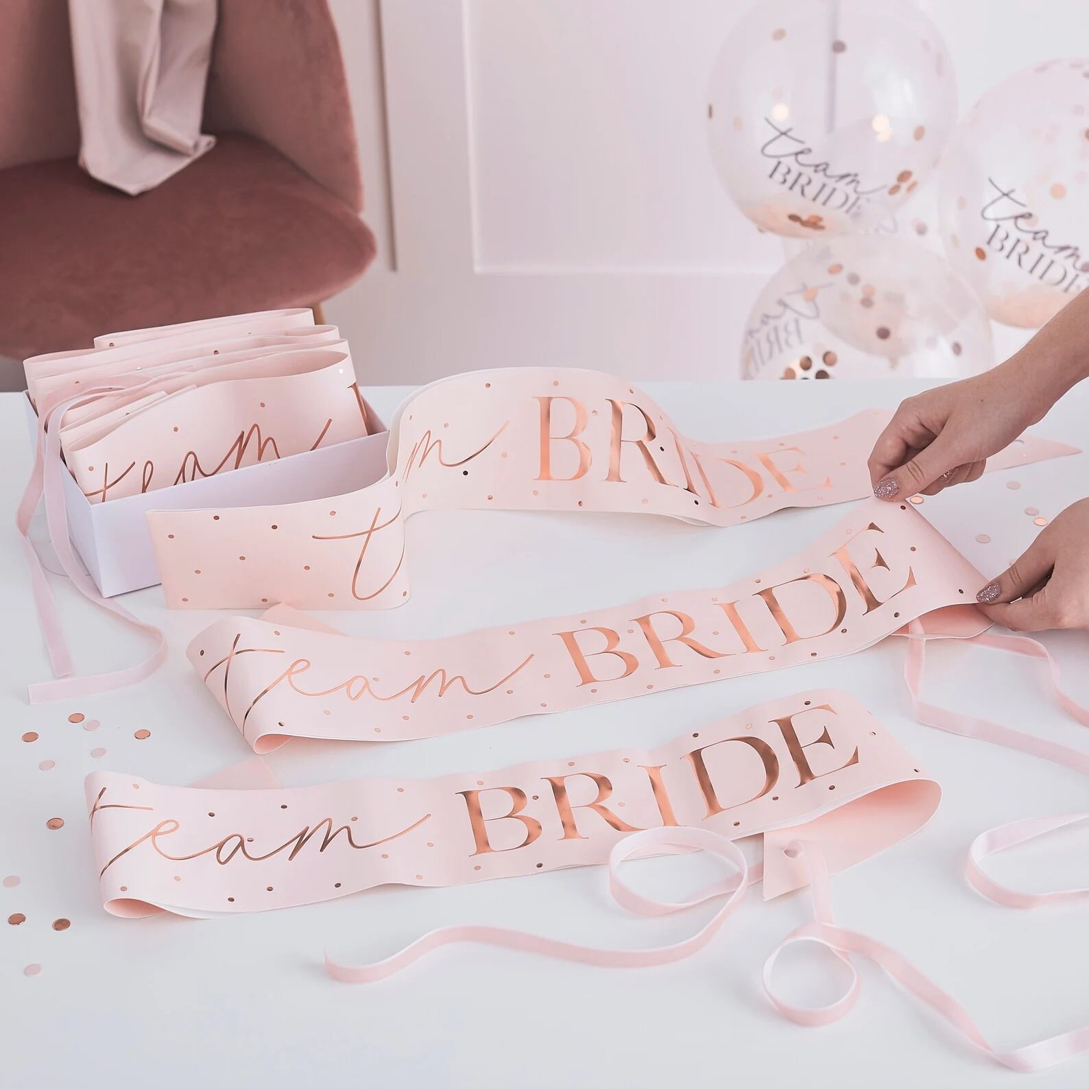 Pink and Rose Gold Team Bride, Hen Party Sashes 6 Pack, Pretty ...