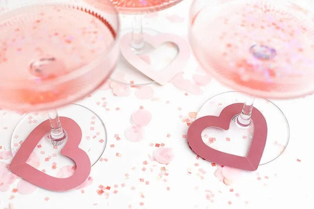 10 Pink Heart Shaped Drink Glass Markers, Heart Drink Tags for Glasses ...